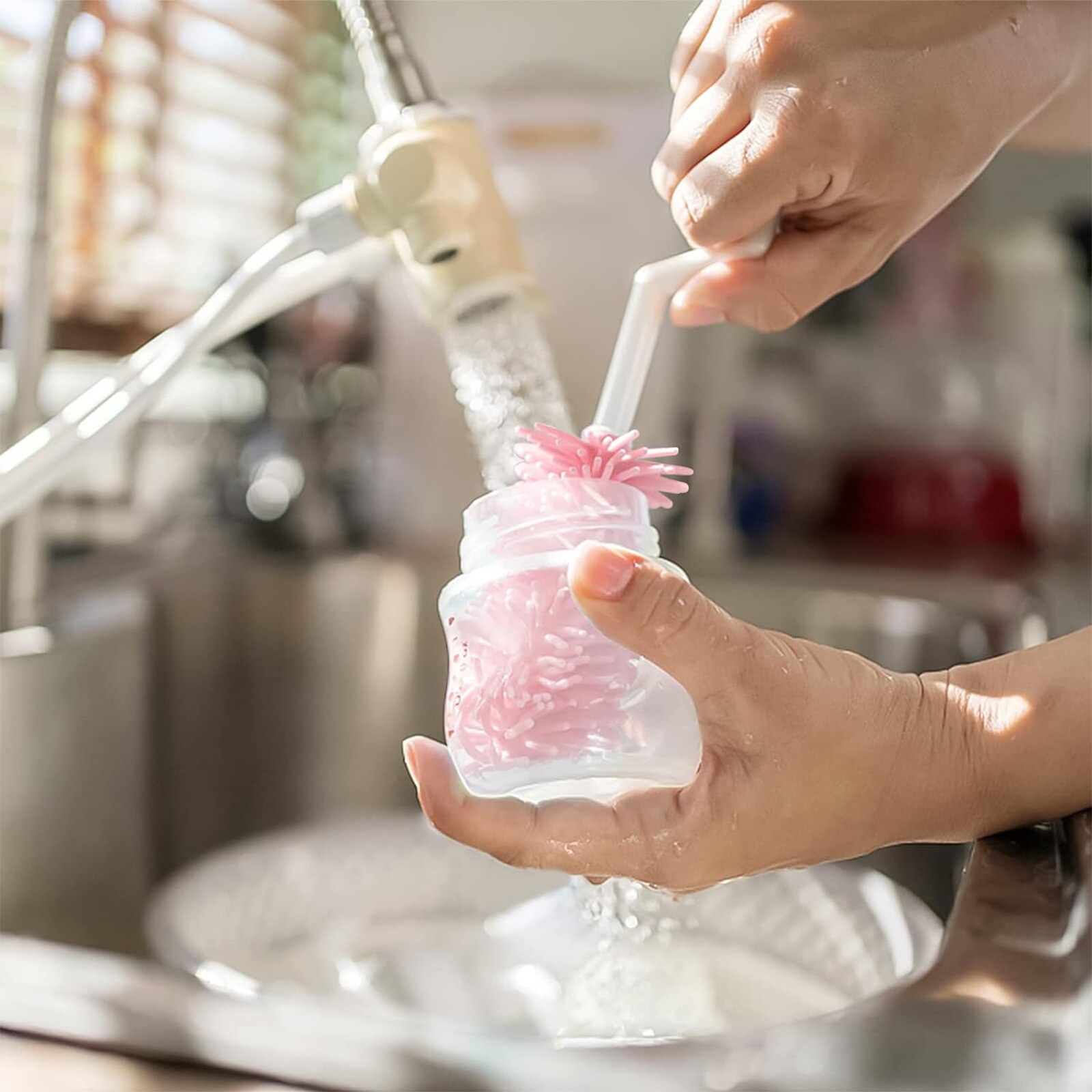 Perie pentru biberon si tetina, NUODWELL, Set din trei piese, silicon ...