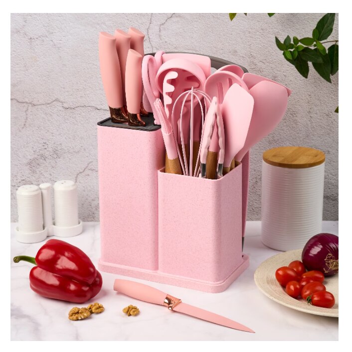 Set ustensile bucatarie 19 piese Silicon si Lemn si Cutite, Tocator ...