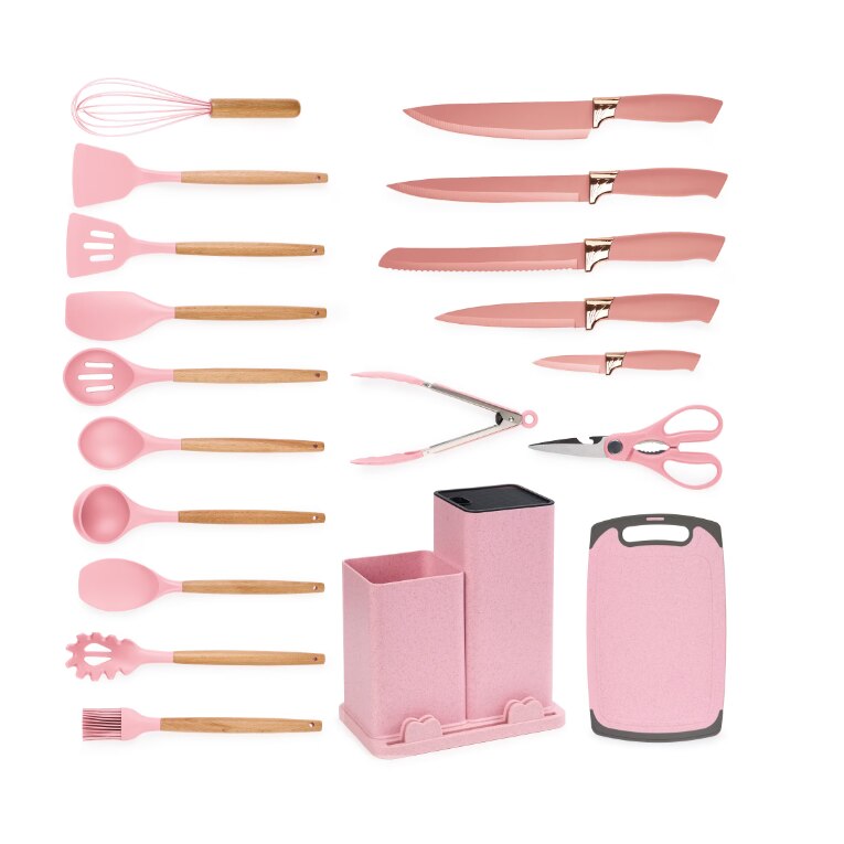 Set ustensile bucatarie 19 piese Silicon si Lemn si Cutite, Tocator ...