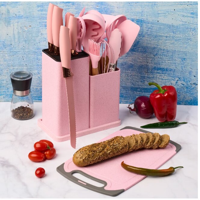 Set ustensile bucatarie 19 piese Silicon si Lemn si Cutite, Tocator ...