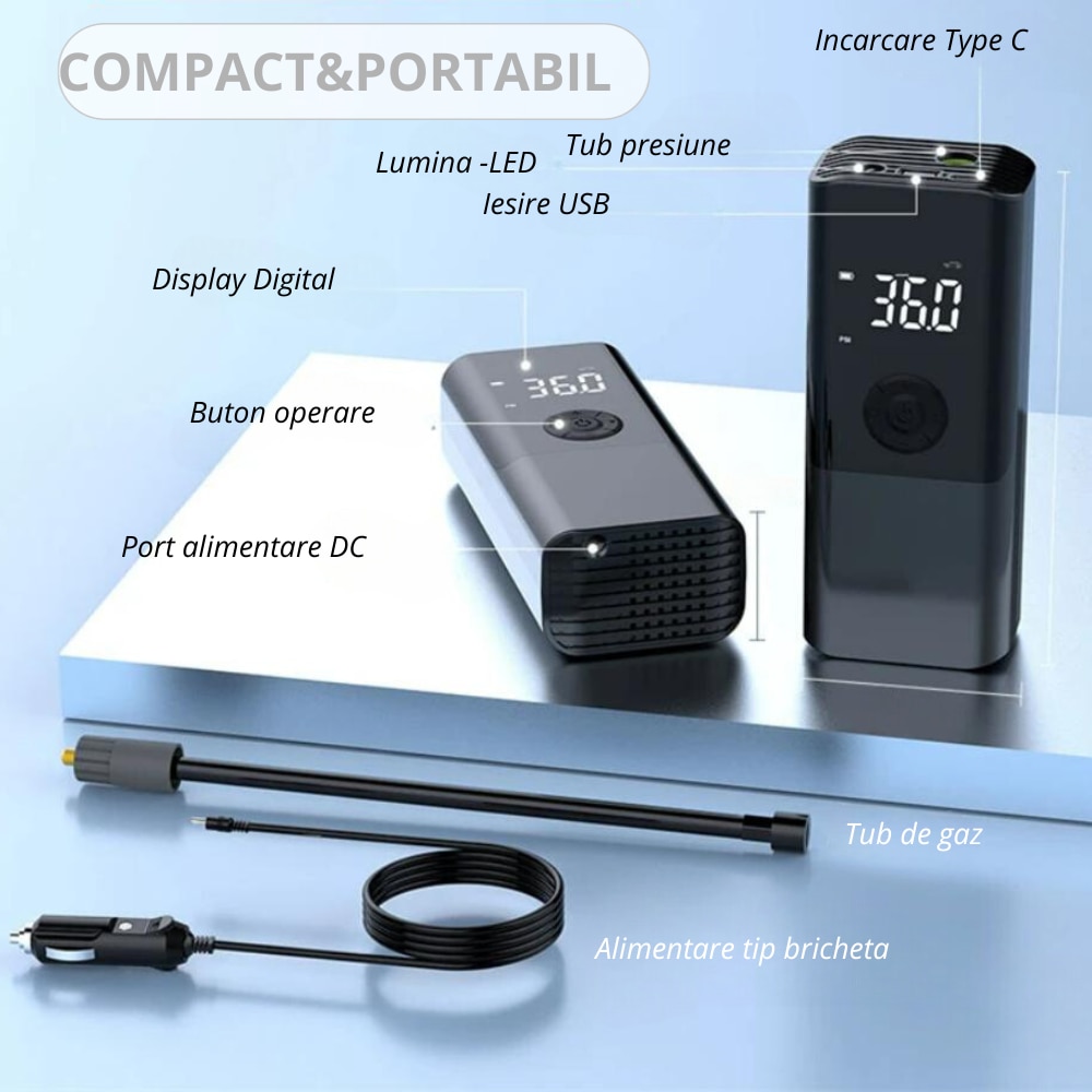 Compresor auto portabil, Alimentare 12 V Type C si bricheta auto 8.4 V ...