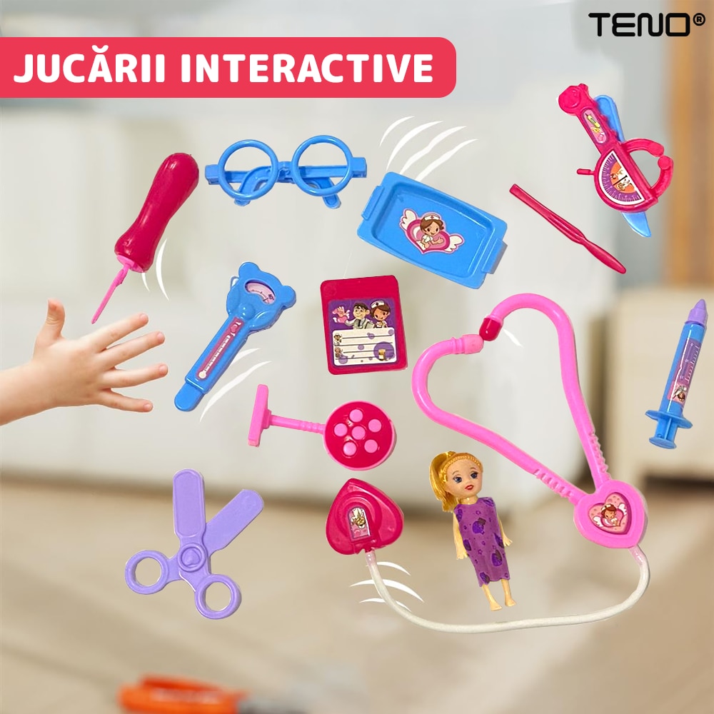Set Trusa Medicala Asistenta Doctor Teno®, joc de rol, 13 accesorii si ...