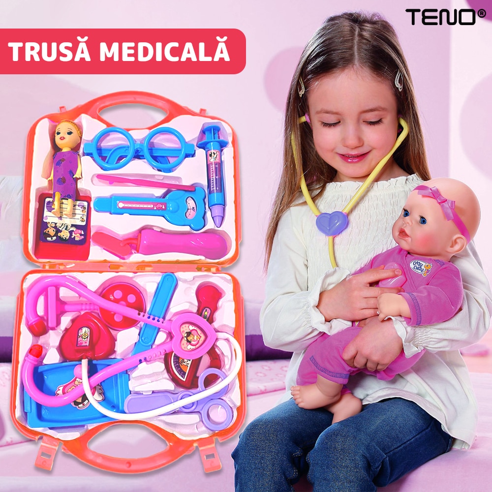Set Trusa Medicala Asistenta Doctor Teno®, joc de rol, 13 accesorii si ...