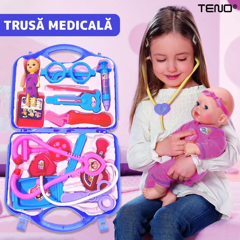 Set Trusa Medicala Asistenta Doctor Teno®, joc de rol, 13 accesorii si ...