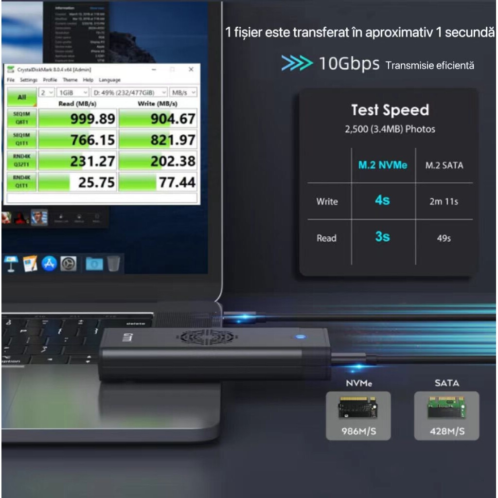 Rack extern, Cutie SSD, portabila, Xinxu, M.2 NVMe/NGFF, 10Gps ...