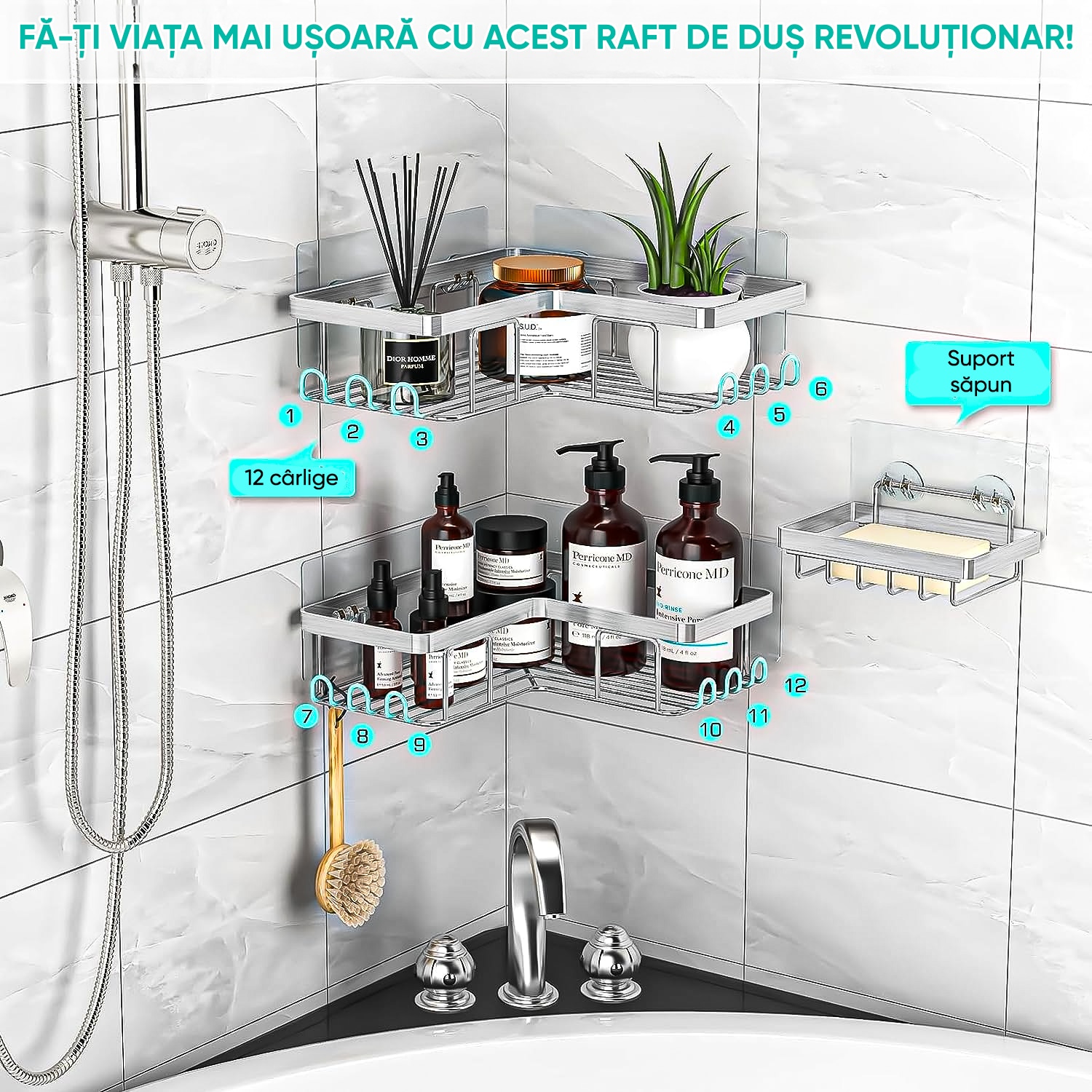 Raft de dus, etajera colt pentru baie, din otel inoxidabil, pentru ...