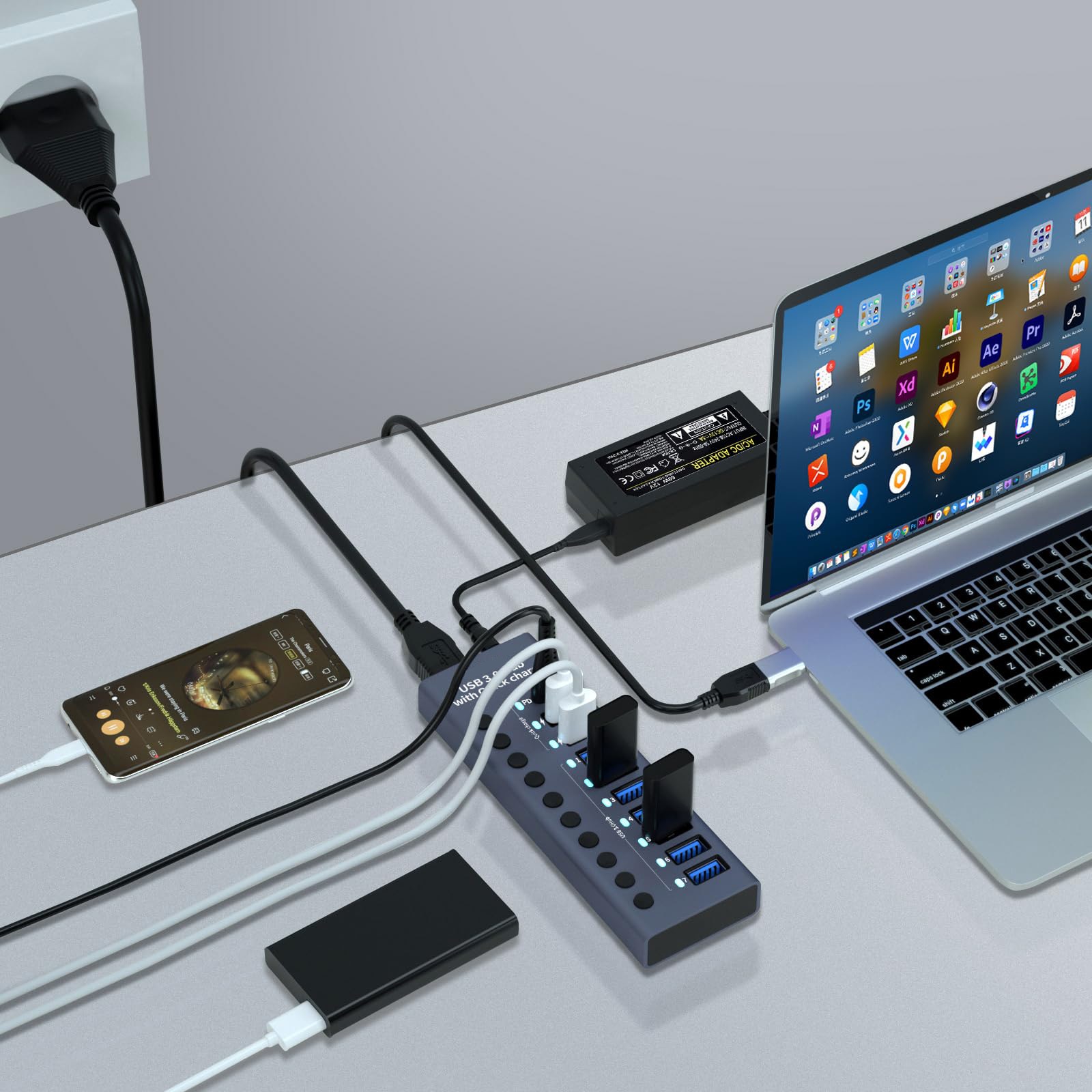 Hub USB 10 in 1 din aluminiu, 7 porturi USB 3.0 de transfer de date de ...