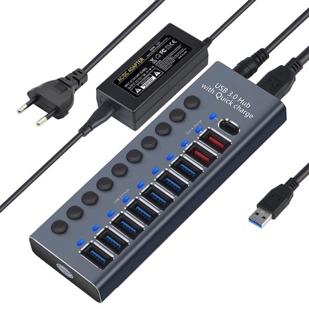 Hub USB 10 in 1 din aluminiu, 7 porturi USB 3.0 de transfer de date de ...