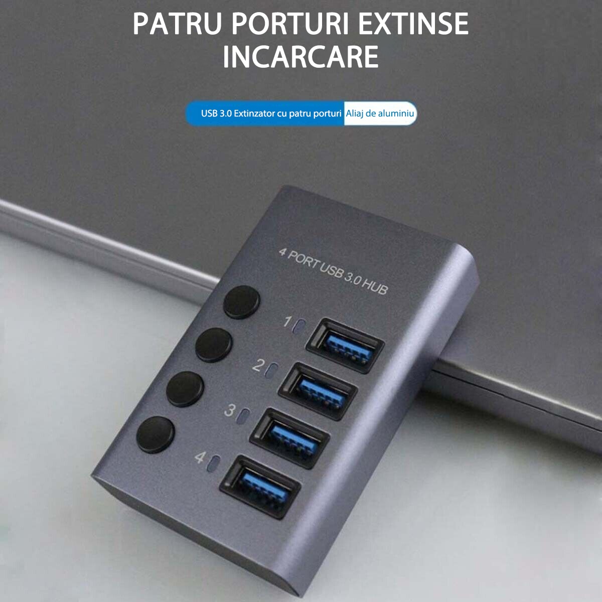 Hub Splitter din aluminiu, 4 porturi USB Expander cu comutator pornit ...