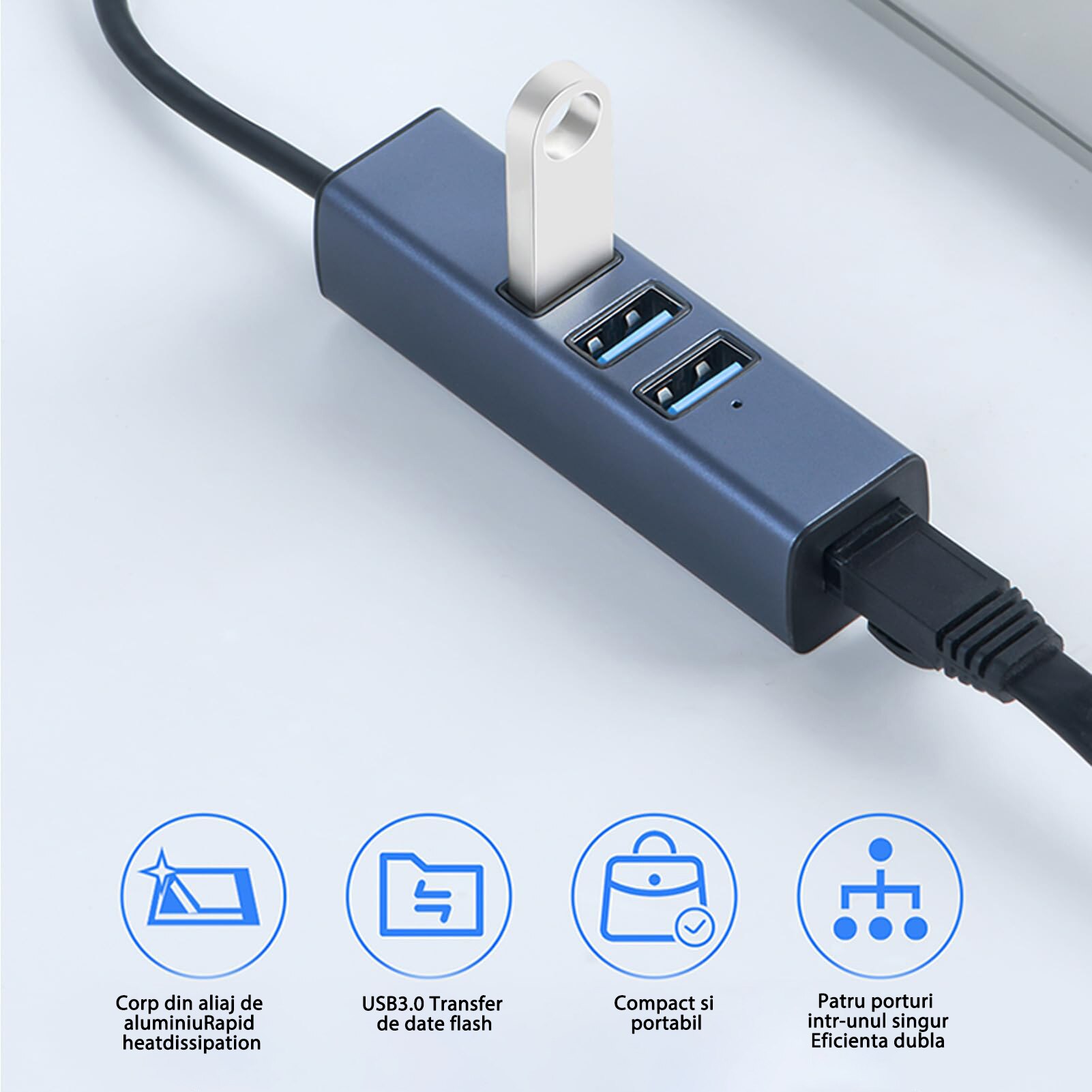 Hub USB 2.0, Bolongking, 4in1, adaptor 480Mbps din aliaj de aluminiu ...