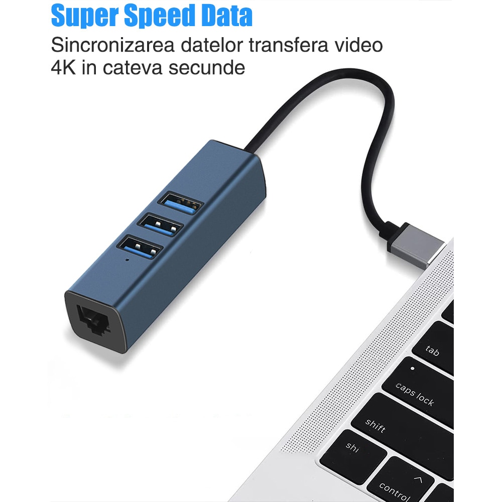 Hub Adaptor, USB 2.0 3.0, 100 Mbps Ethernet, 4in1, cu 1 port RJ45 si 3 ...