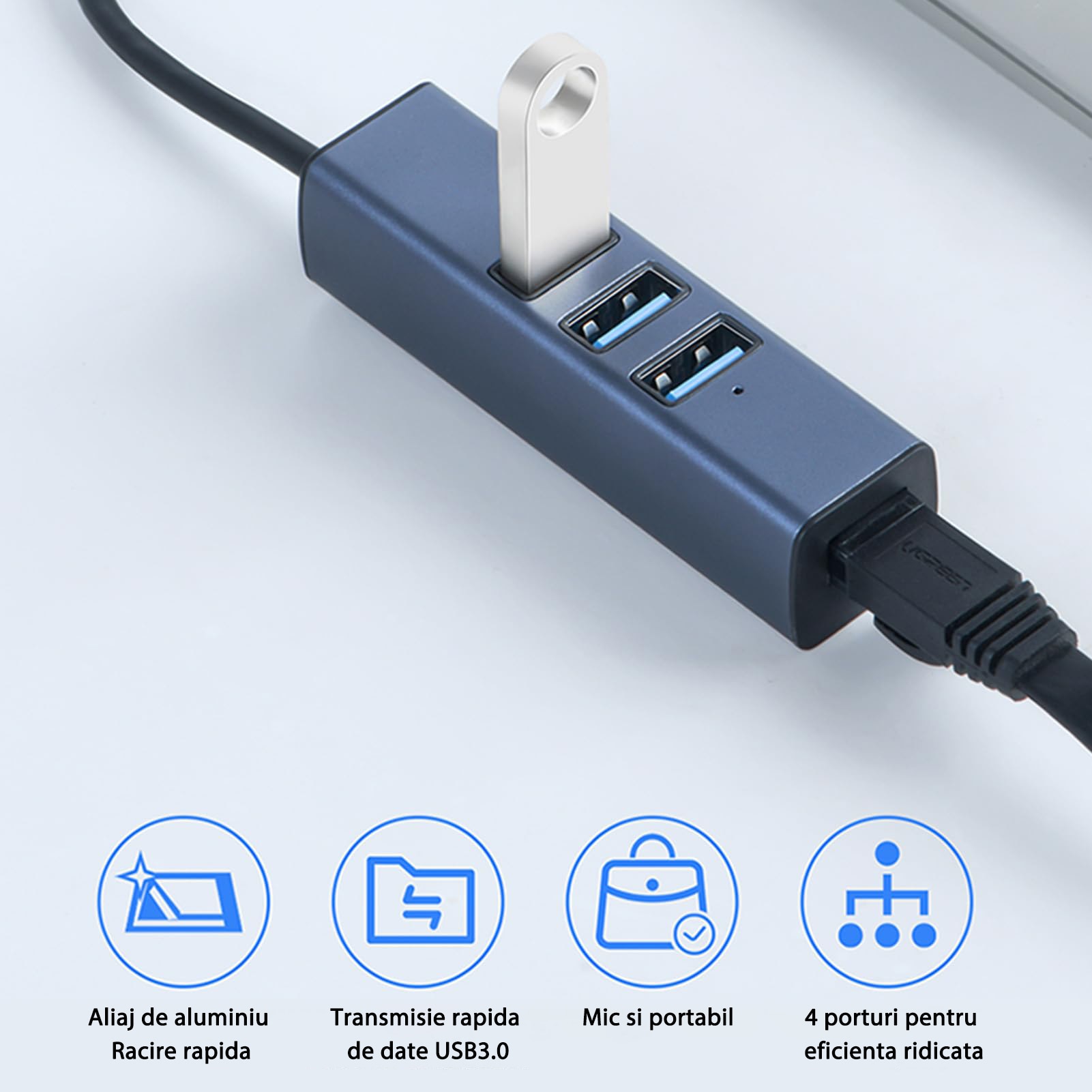 Hub Adaptor, USB 2.0 3.0, 100 Mbps Ethernet, 4in1, cu 1 port RJ45 si 3 ...