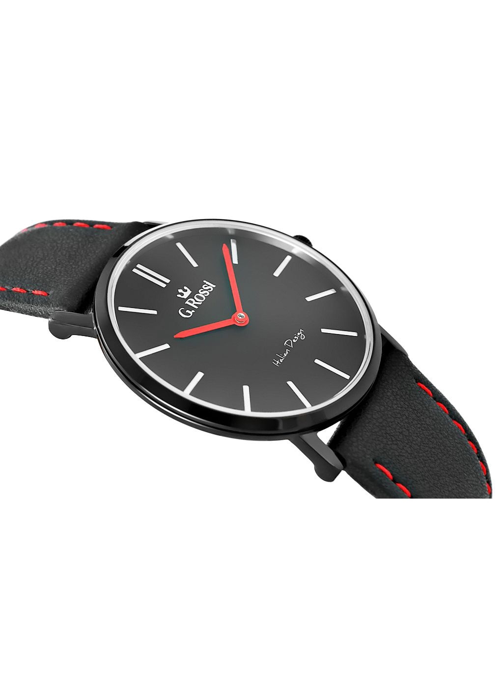 Ceas barbatesc, G. Rossi, Inox/Piele naturala/Sticla, 3 BAR, Negru/Rosu ...
