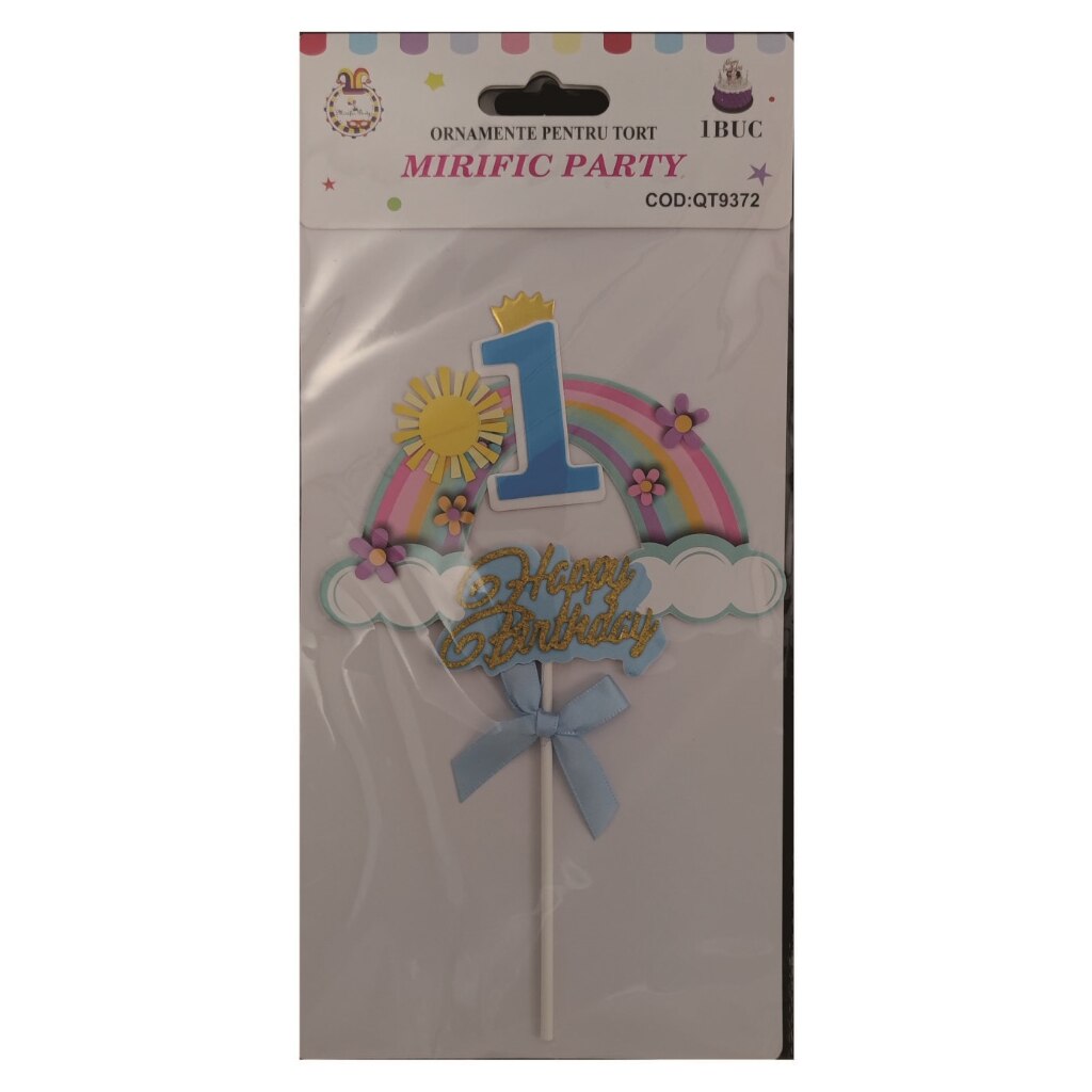 Topper albastru, multicolor, curcubeu, happy birthday, cifra 1 - eMAG.ro