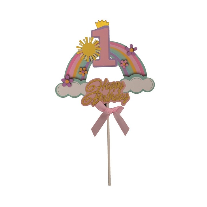 Topper roz, multicolor, curcubeu, happy birthday, cifra 1 - eMAG.ro