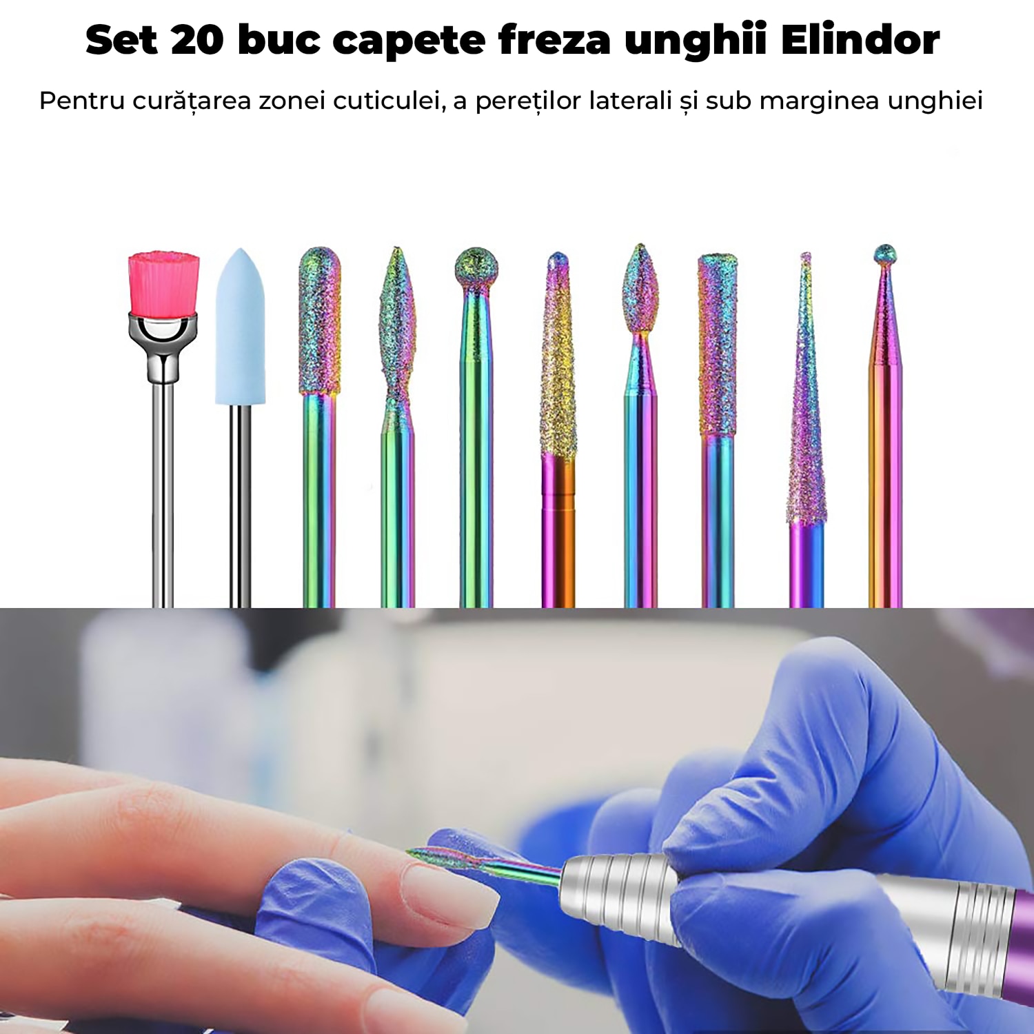Set 20 buc capete freza unghii Elindor, universale, bit-uri pentru manichiura si pedichiura ...