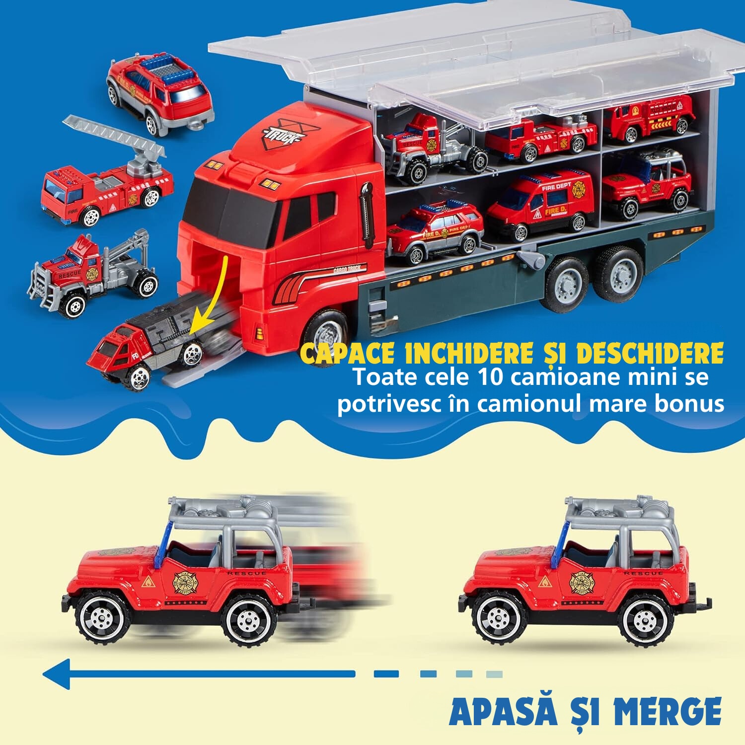 Jucarie Camion de Pompieri 19 in 1 cu Figurine Mici de Pompieri, Simply Joy, masinute tip ...