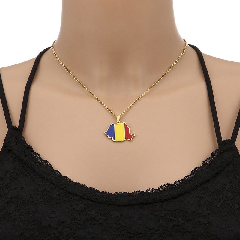 Colier, JENUOS®, Harta si steagul Romaniei, Placat cu aur 18K, Unisex ...