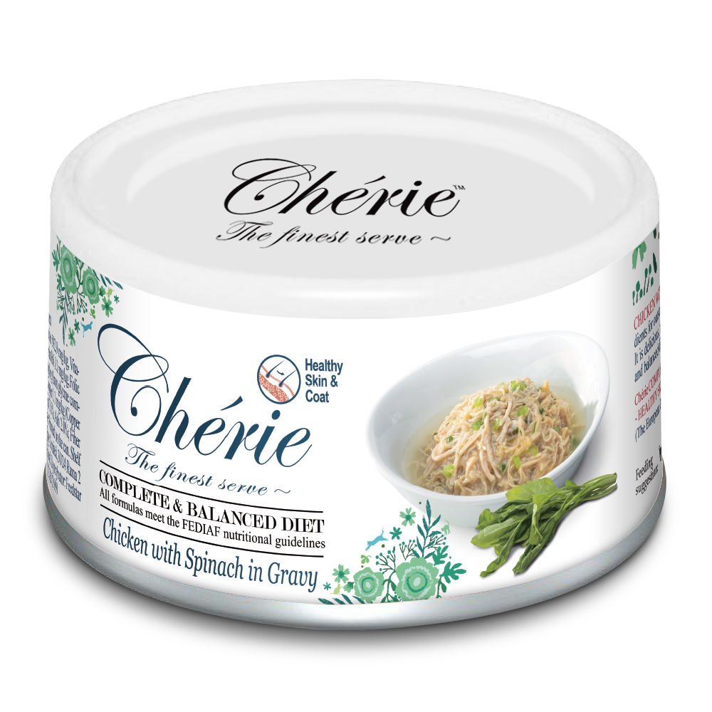 Hrana umeda pentru pisici Cherie Skin and Coat, Pui cu Spanac in Sos 24 buc x 80g - eMAG.ro