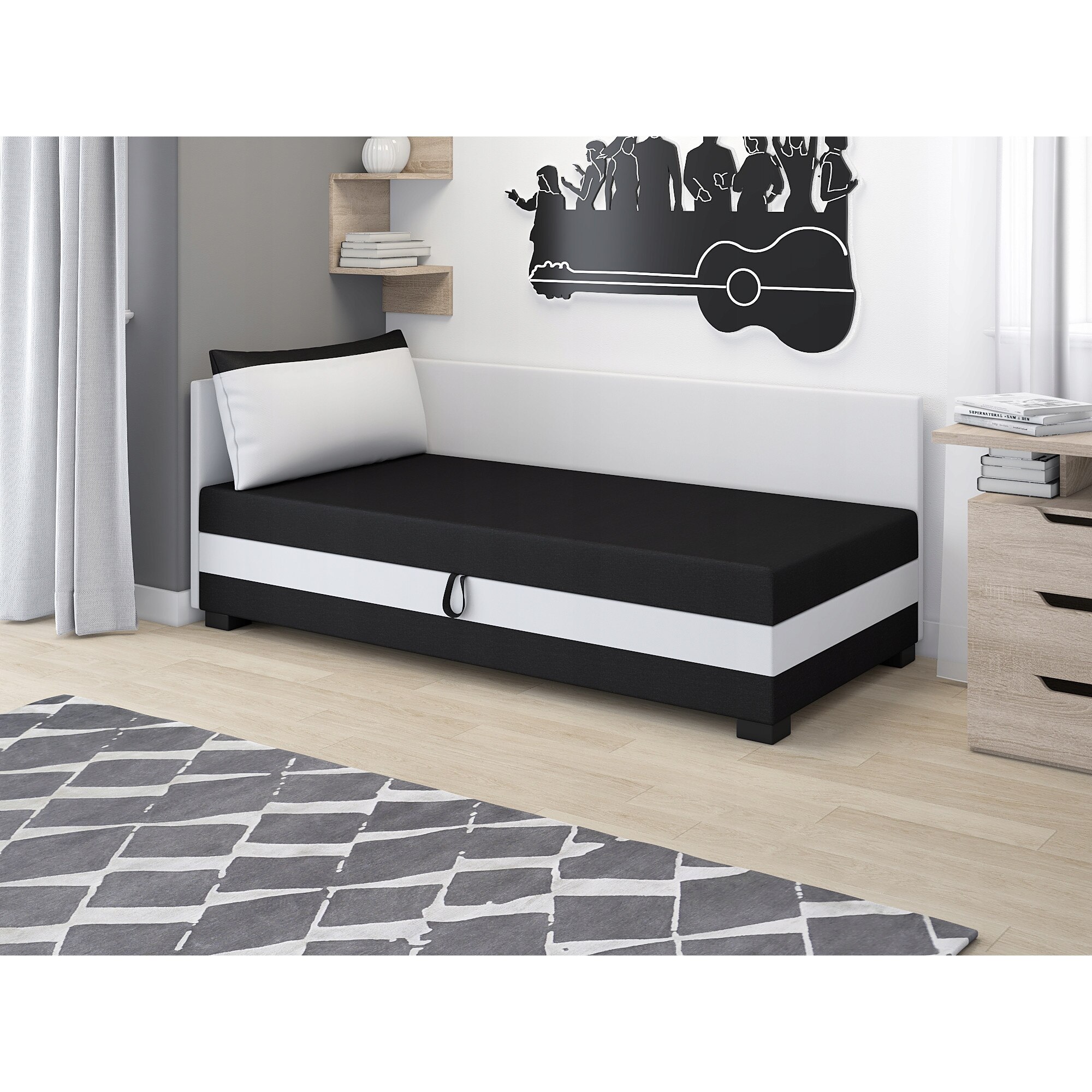 Pat single, Ilia, OEM, 90x200 cm, Alb/Negru - eMAG.ro