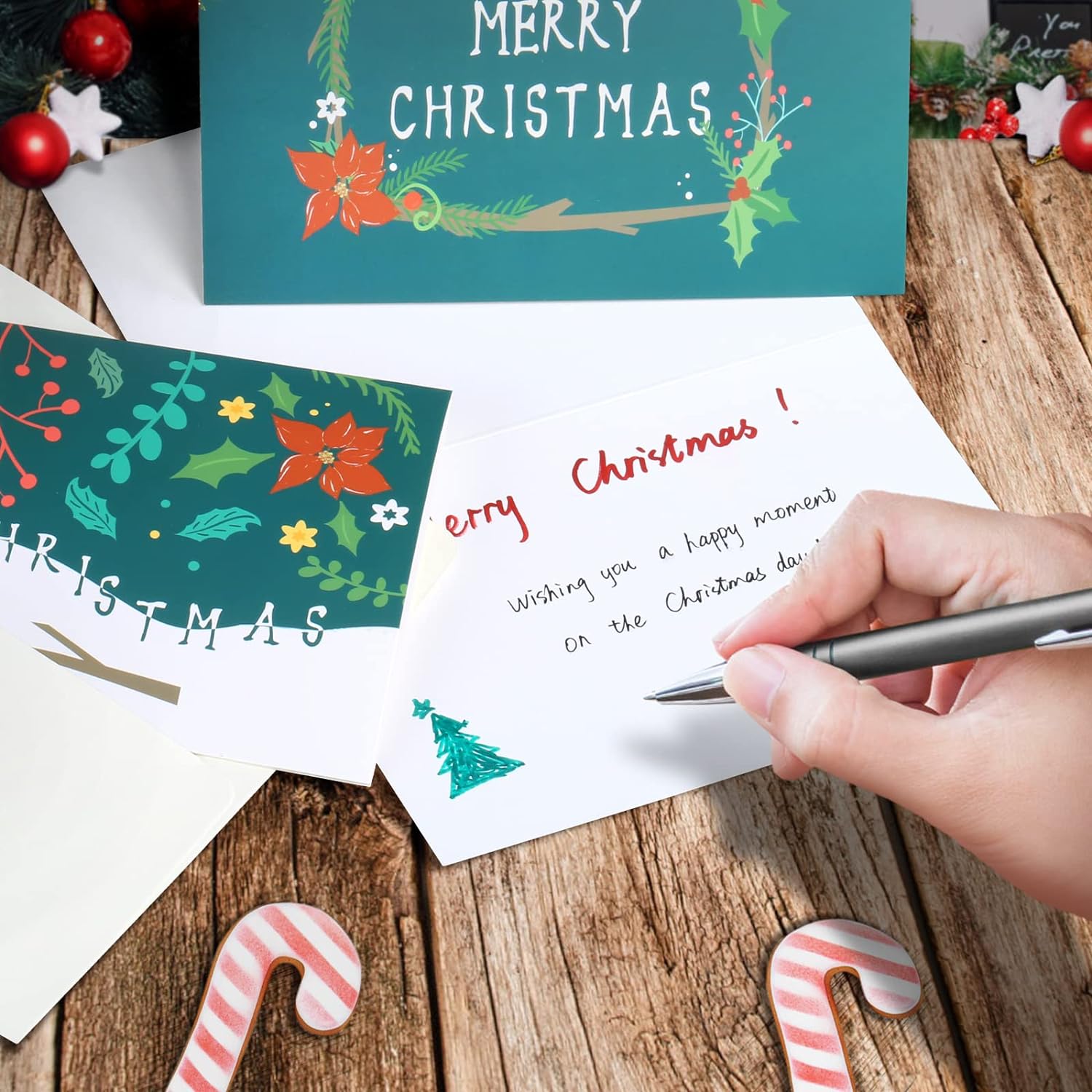 Set de 24 felicitari de Craciun verzi cu desene, 15x10cm, LLWL - eMAG.ro