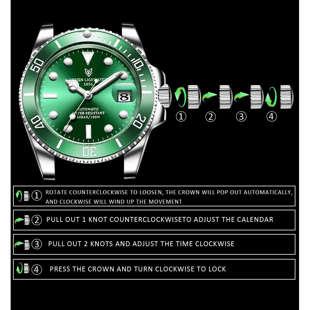Мъжки часовник Lige Mechanical Watch, Водоустойчив, Неръждаема стомана ...