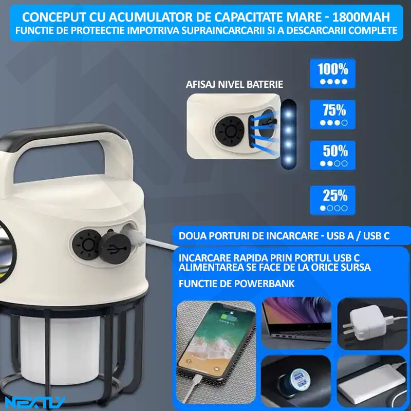 Lanterna LED portabila, tip felinar, NEXTLY, doua surse de lumina ...