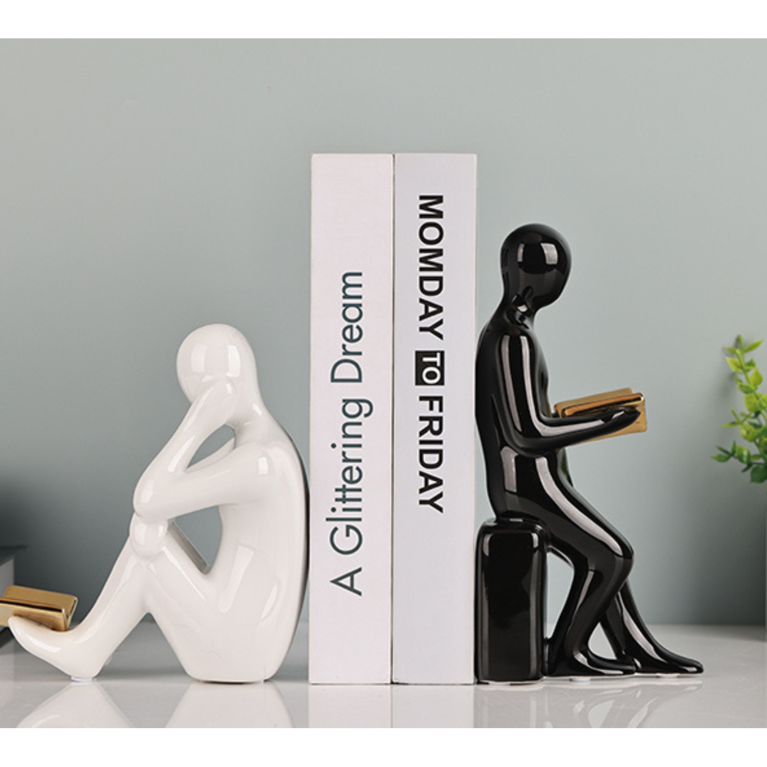 Set de 2 suporturi de carti, 2 Statui, Ceramica, Alb/Negru - eMAG.ro