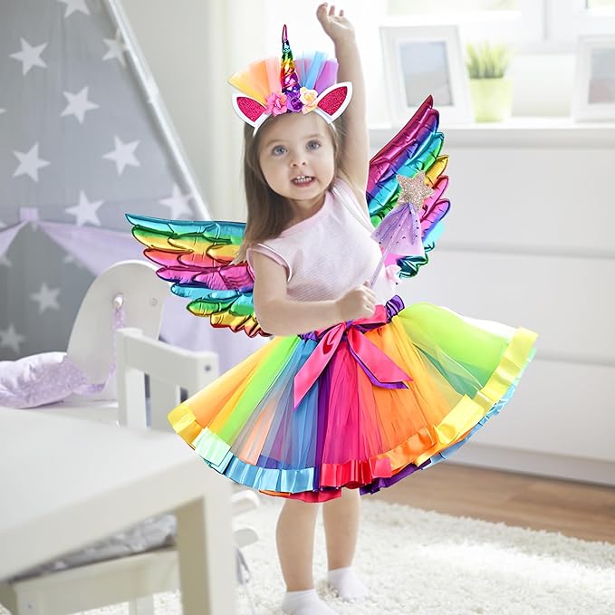 Costum carnaval pentru fetite, Zola®, model unicorn multicolor, aripi ...