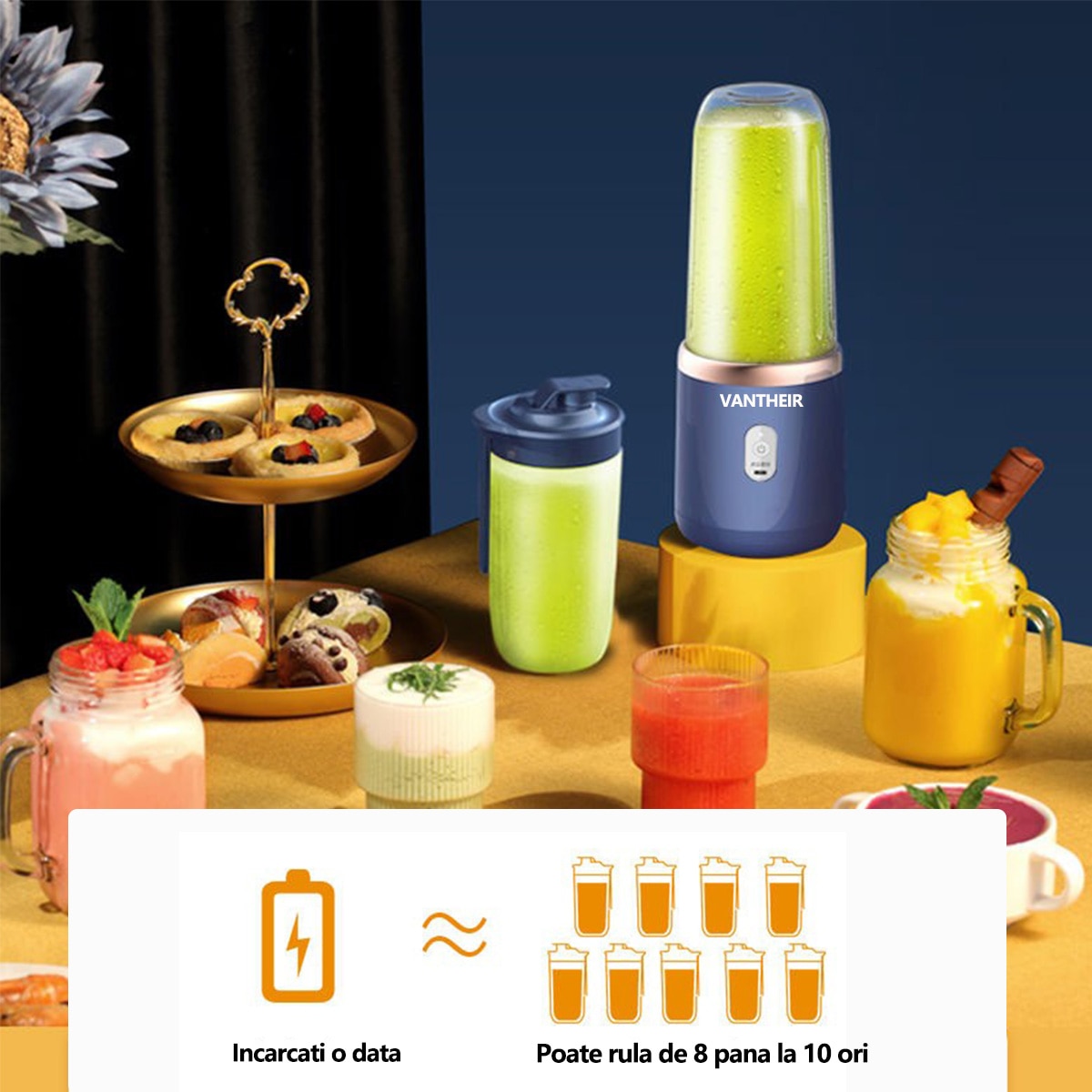 Mini blender electric wireless VANTHEIR, cu 2 vase x 400ml, 6 Lame din otel inoxidabil ...