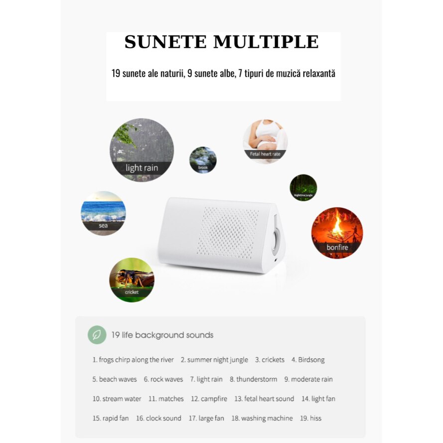 Dispozitiv sunete albe, portabil, 35 de sunete, timer, afisaj ...