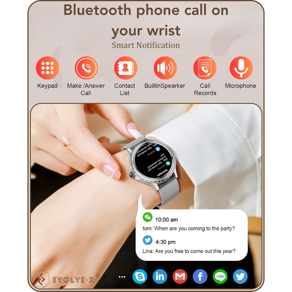 Ceas smartwatch dama Evolve-x® EvoFitt, Apeluri si mesaje bluetooth, Functii monitorizare ...