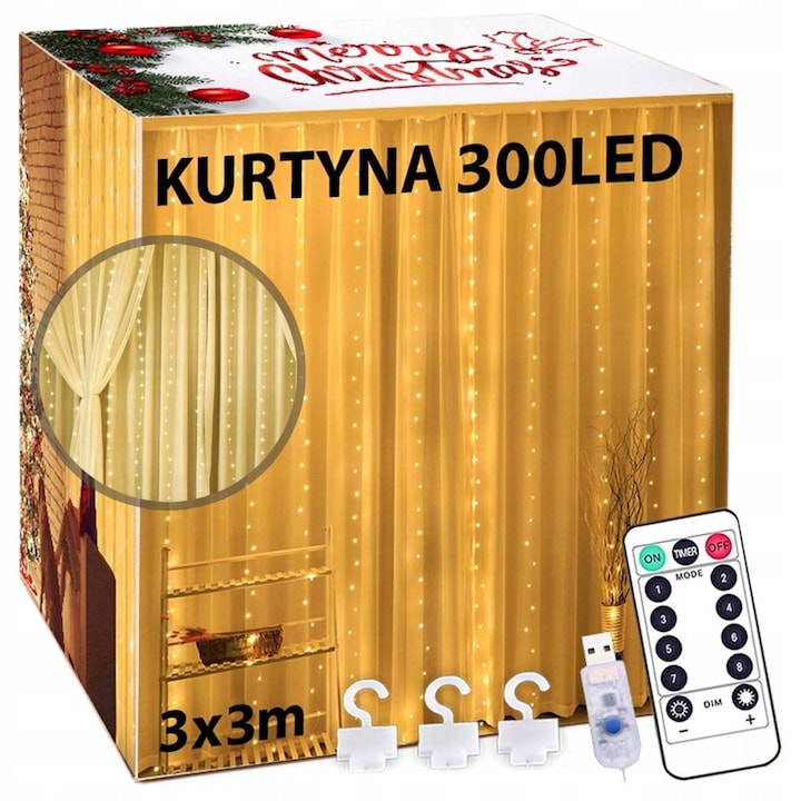Instalatie de Craciun tip perdea lumini 3x3m cu 300 LED-uri alb cald ...