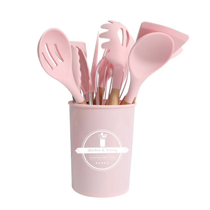 Set 12 ustensile de bucatarie, Lemn/Silicon, Roz - eMAG.ro
