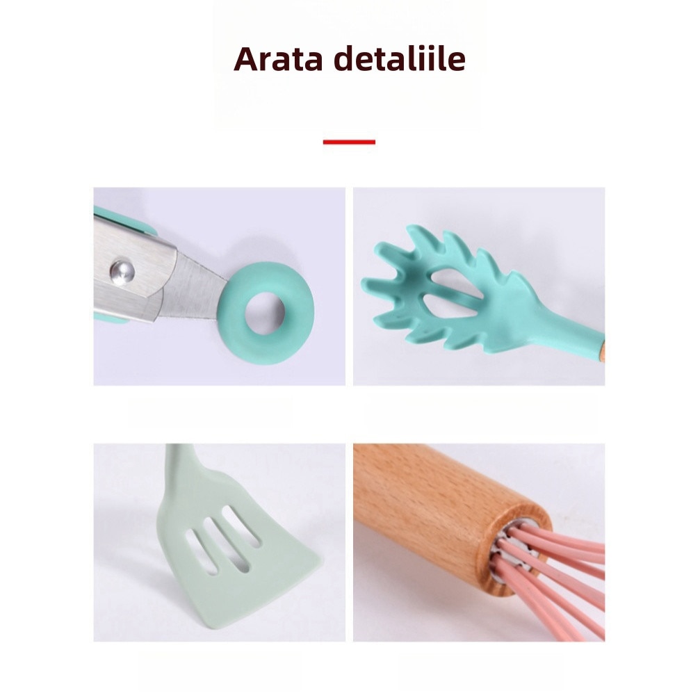 Set 12 ustensile de bucatarie, Lemn/Silicon, Roz - eMAG.ro