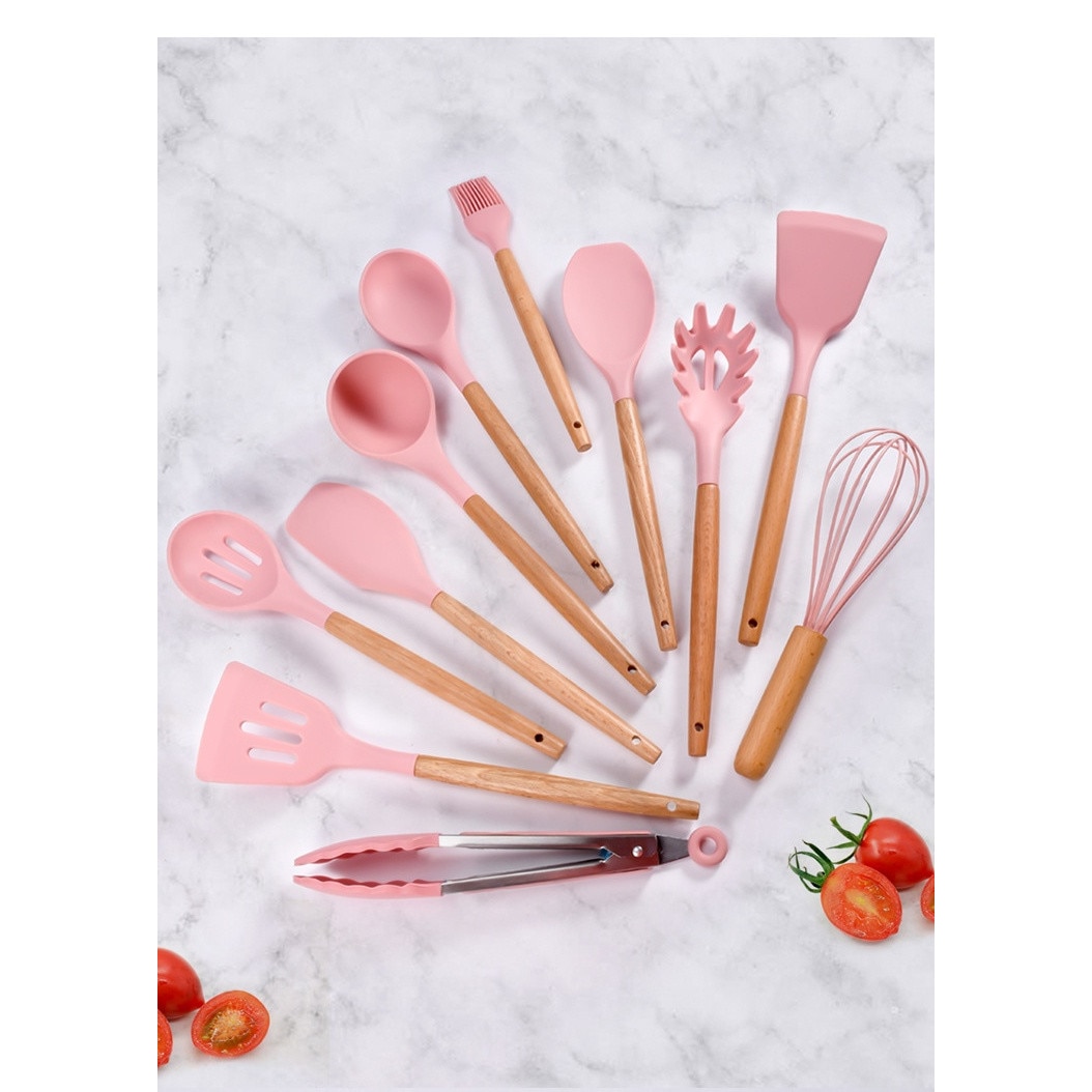 Set 12 ustensile de bucatarie, Lemn/Silicon, Roz - eMAG.ro