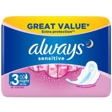 Set 10 absorbante, Always Sensitive Nighttime - eMAG.ro