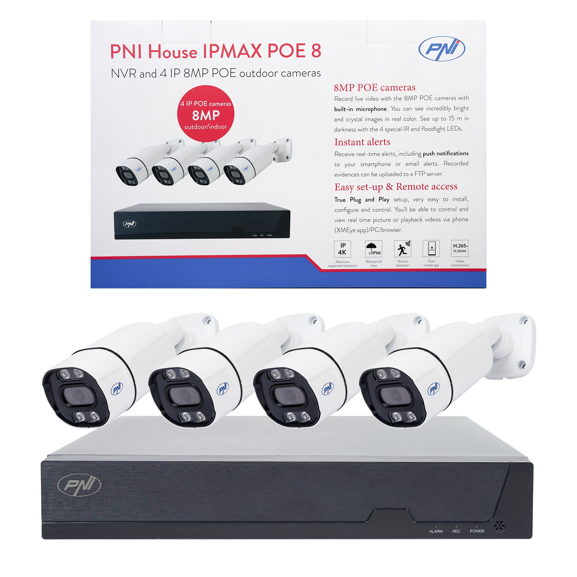 Kit supraveghere video PNI House IPMAX POE 8, NVR cu 4 porturi POE si 4 ...