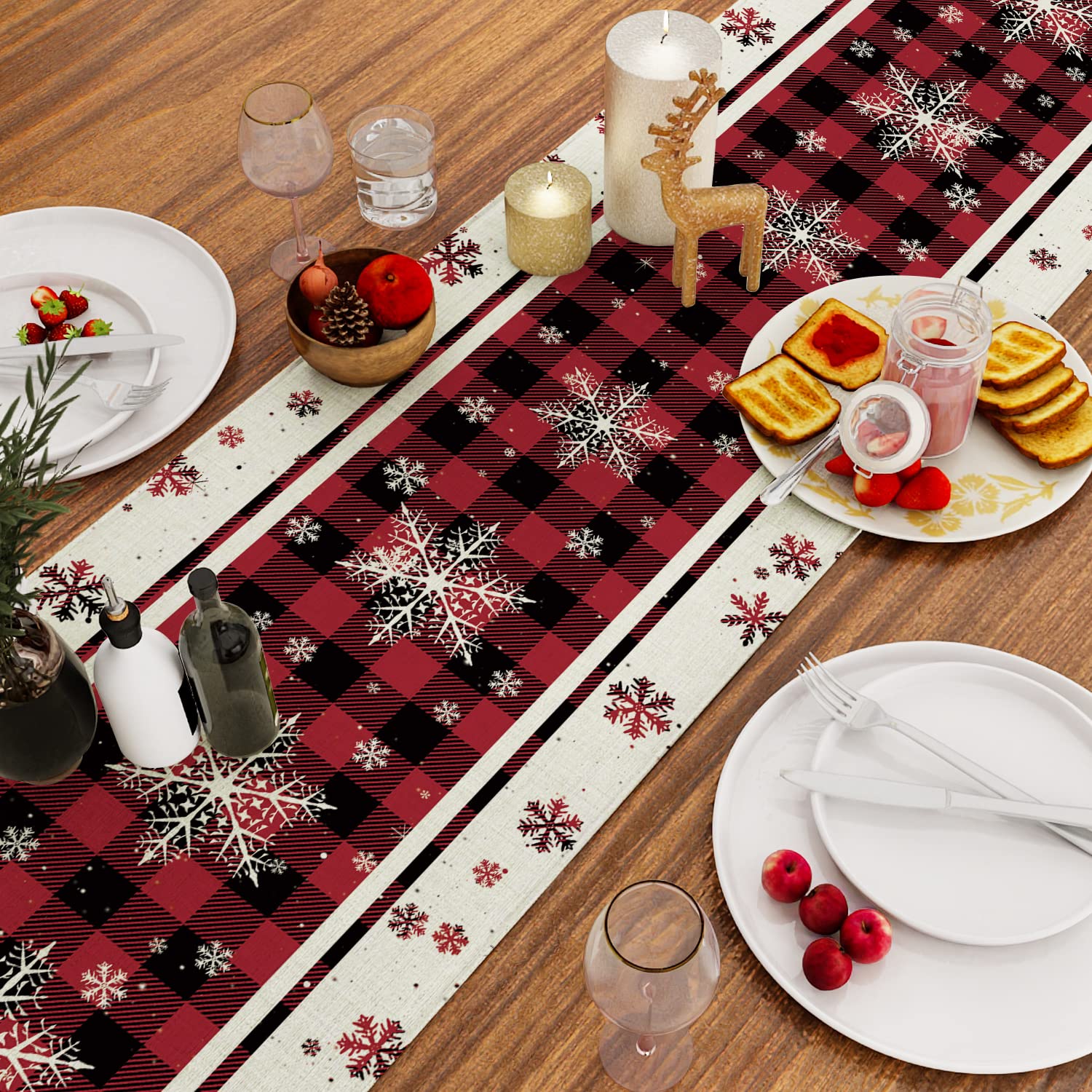 Fata de masa de Craciun, Koungiam, in, 120x33cm, Rosu, model de fulgi ...