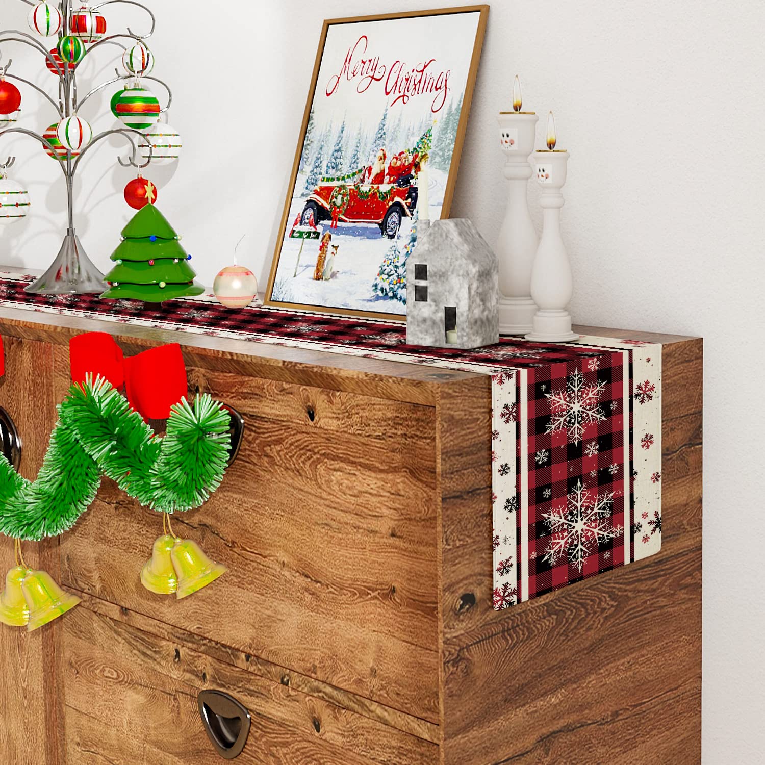 Fata de masa de Craciun, Koungiam, in, 120x33cm, Rosu, model de fulgi ...