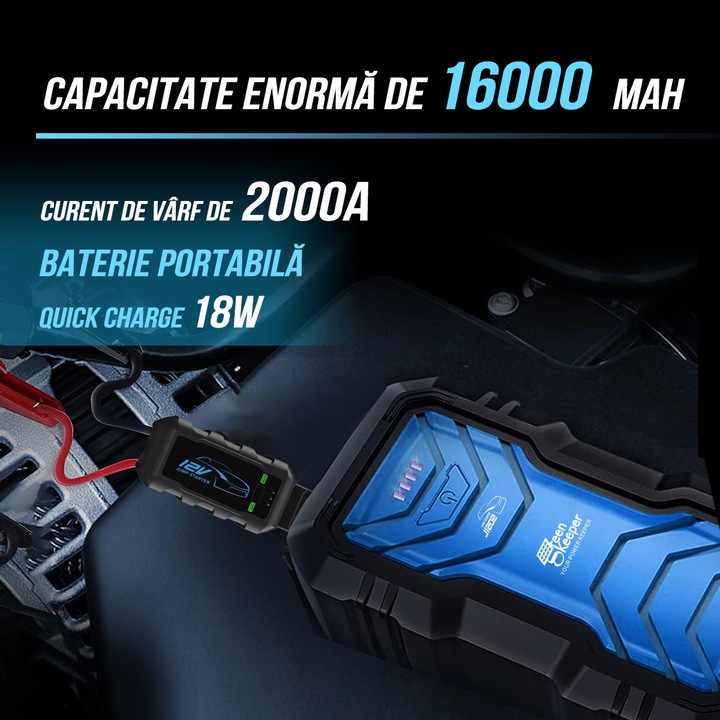 Starter Auto Portabil, Redresor Auto 2000A, 16000mah de 12V, 7L pe ...