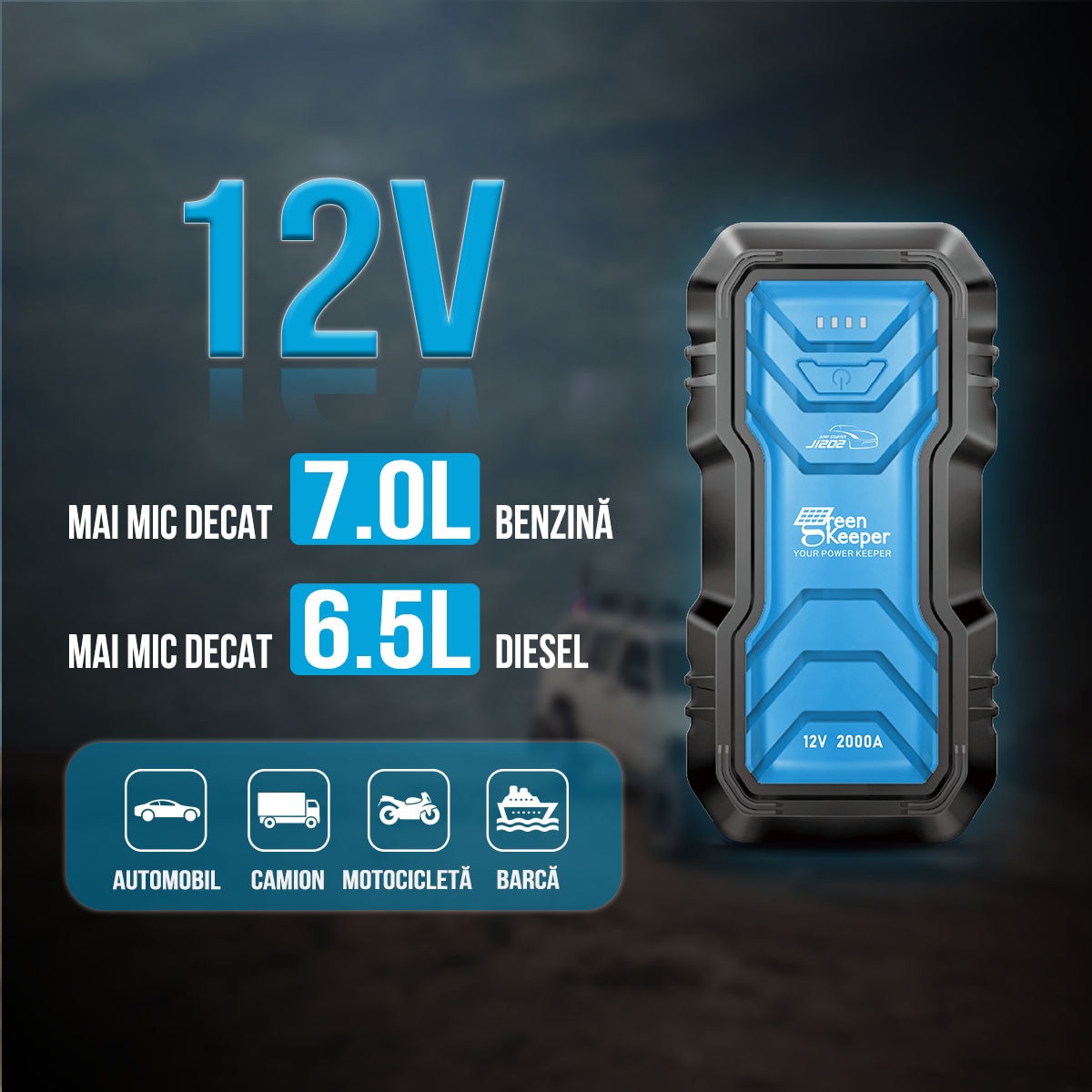 Starter Auto Portabil, Redresor Auto 2000A, 16000mah de 12V, 7L pe ...