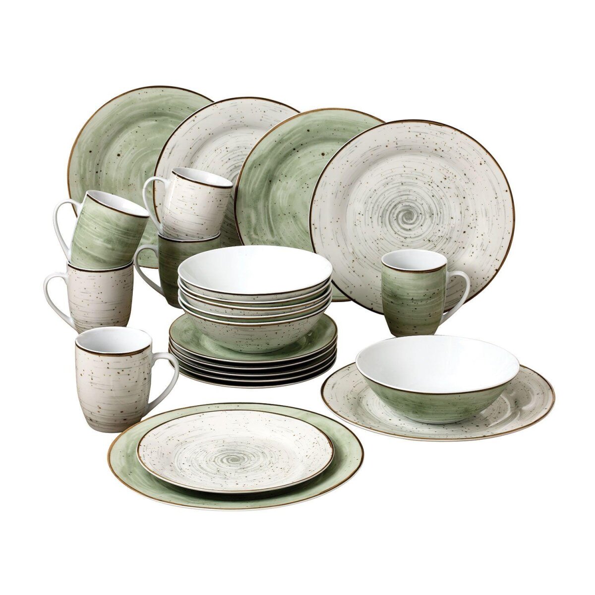 Set serviciu farfurii de 6 persoane din 24 bucati portelan, verde-alb ...