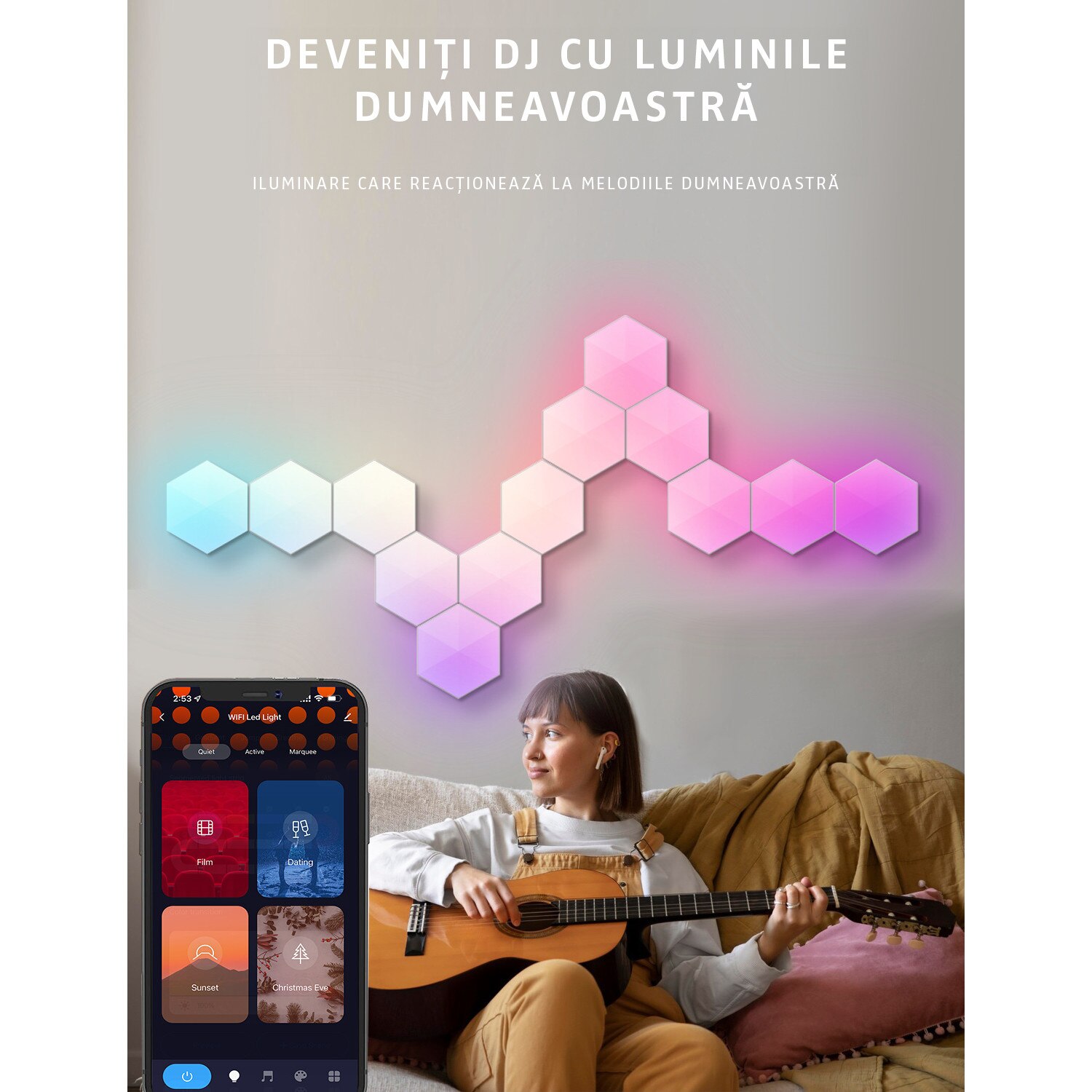 Kit Panouri Luminoase LED LuxeDenar®, 6 Modulare Inteligente, RGBIC, WI ...