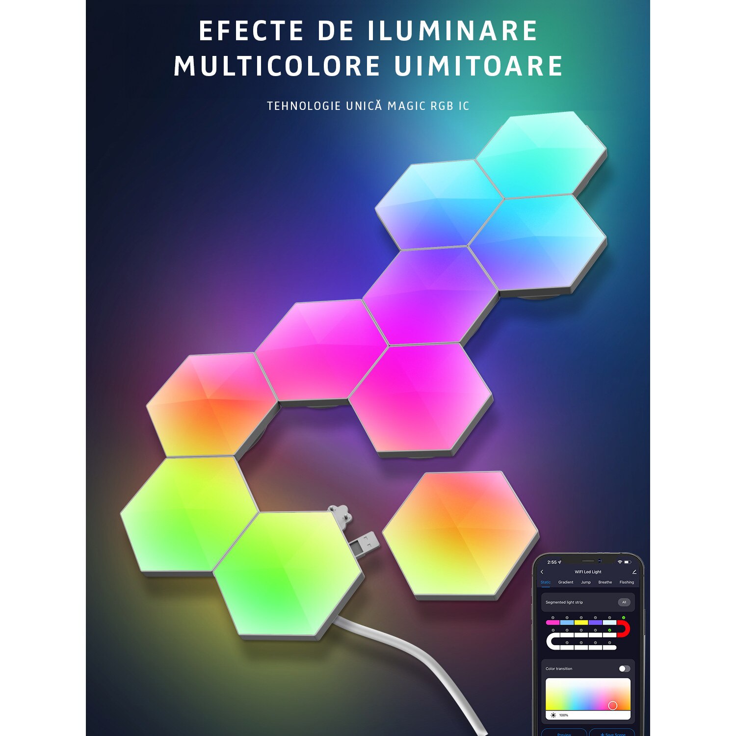 Kit Panouri Luminoase LED LuxeDenar®, 6 Modulare Inteligente, RGBIC, WI ...