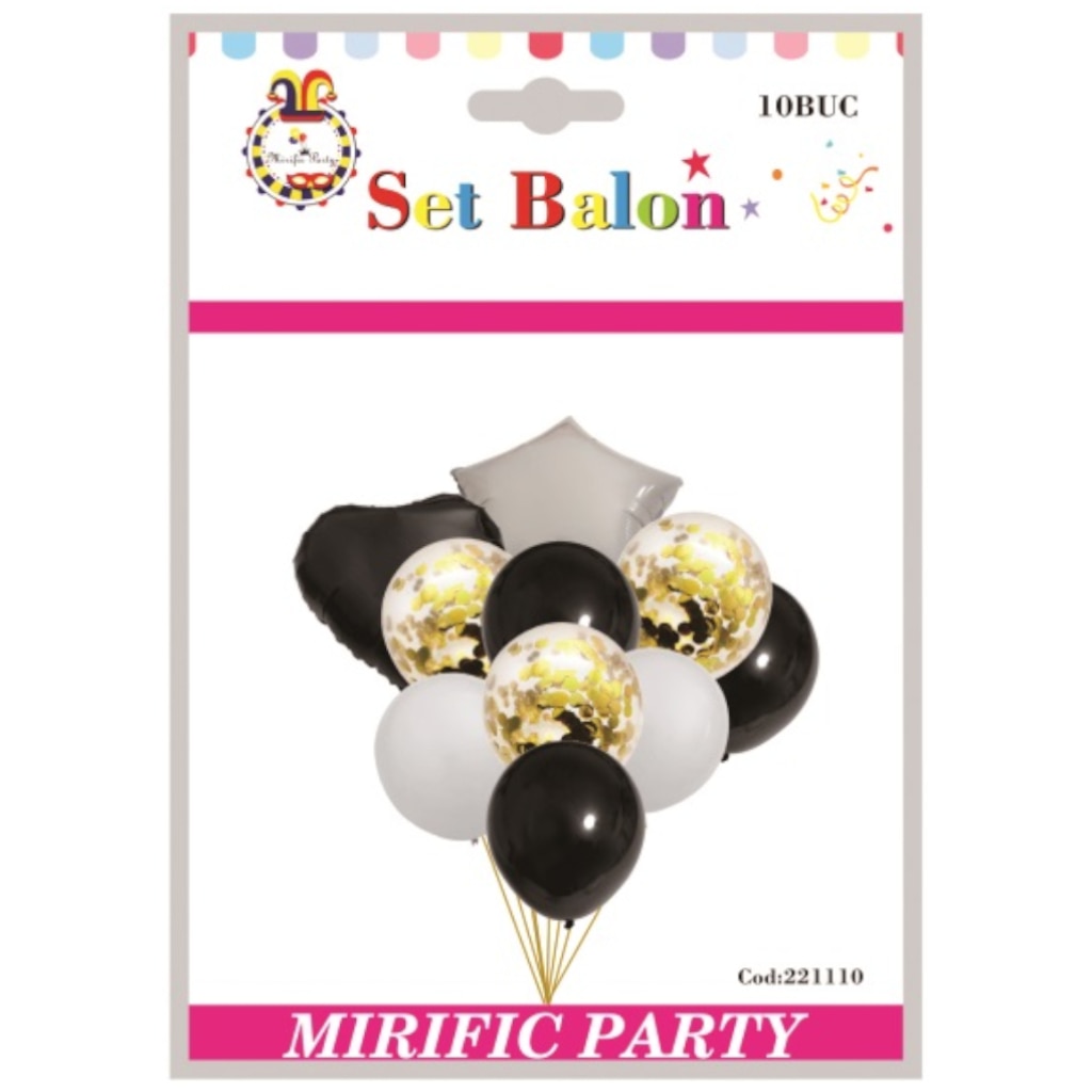 Set 10 baloane party negru, argintiu, paiete aurii, 35 cm, diverse ...