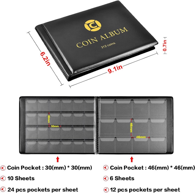 Album de colectie de monede, JWSWO, Piele ecologica, 312 buzunare ...