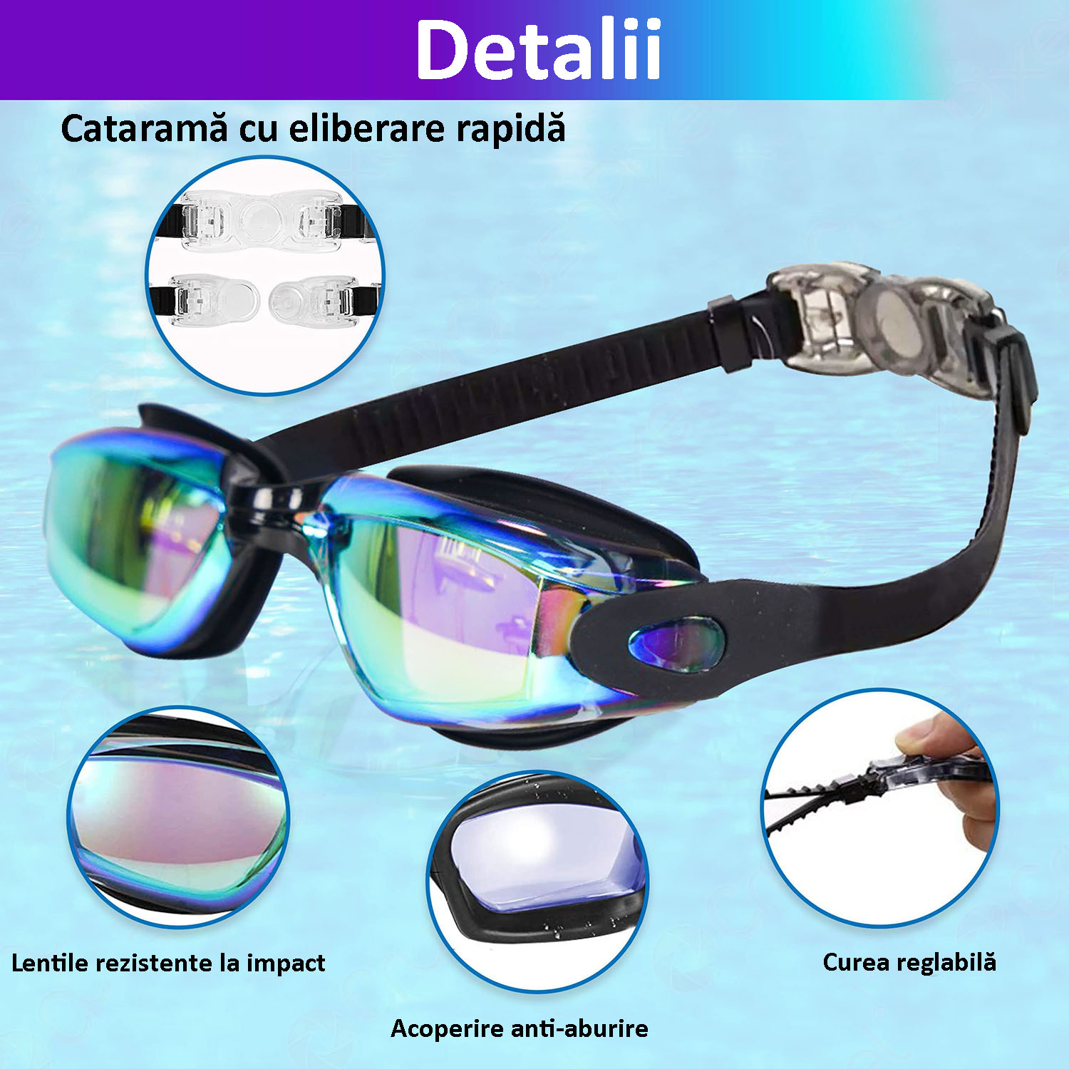 Ochelari de inot, Policarbonat, Rezistenta la UV, Negru - eMAG.ro