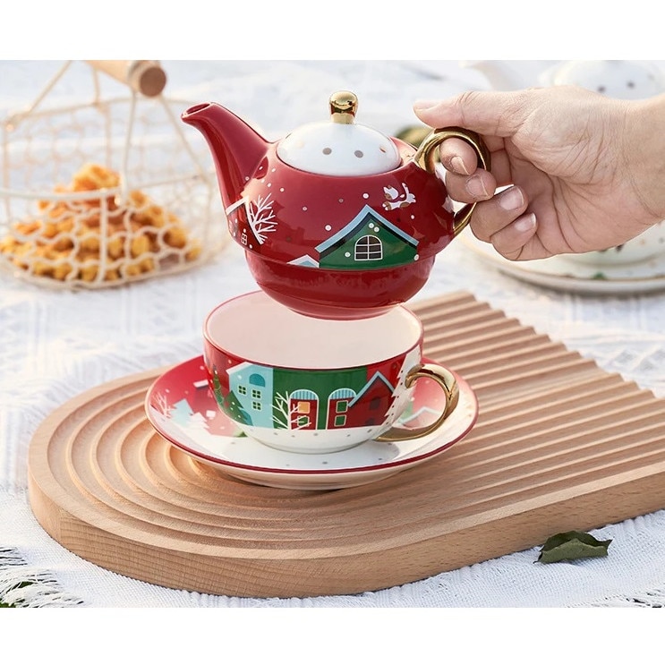 Set ceai, ceramic pentru Craciun, alcatuit din cana, farfurie, ceainic ...