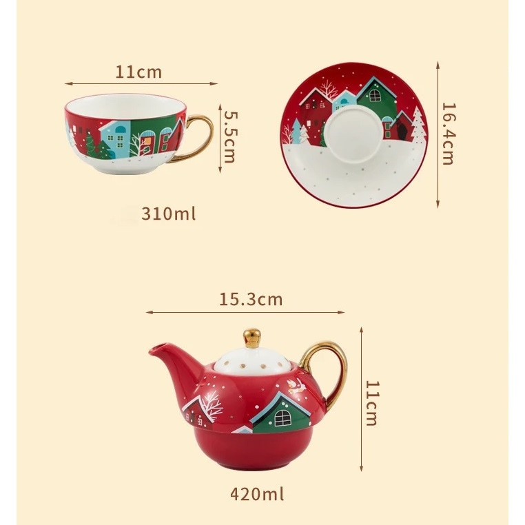 Set ceai, ceramic pentru Craciun, alcatuit din cana, farfurie, ceainic ...